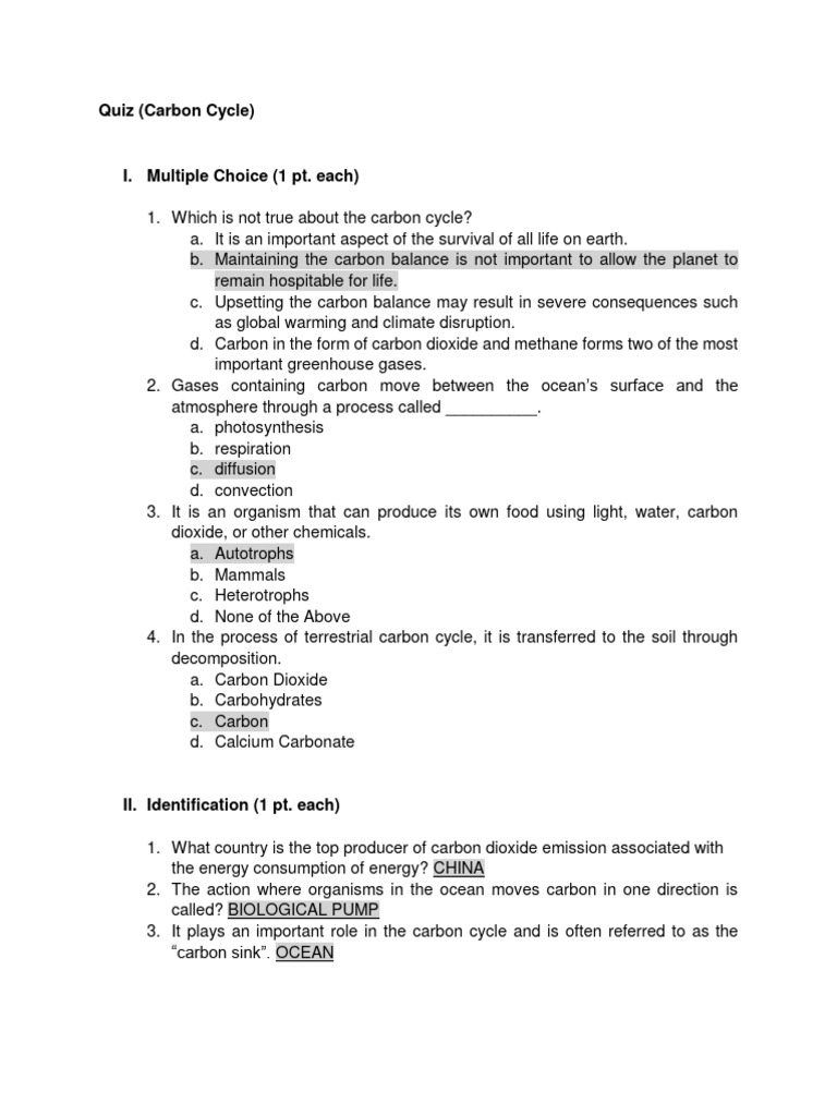 Quiz Carbon Cycle | PDF