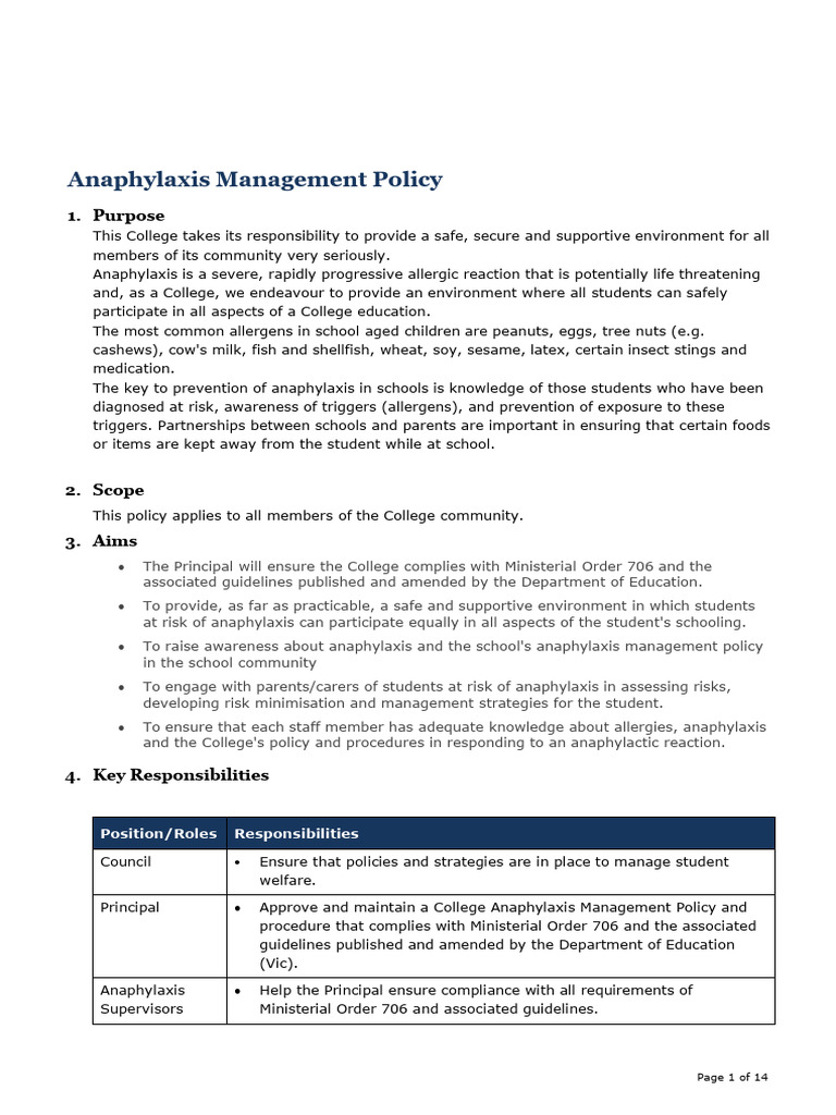 Anaphylaxis Management Policy Example | PDF | Food Allergy | Allergology
