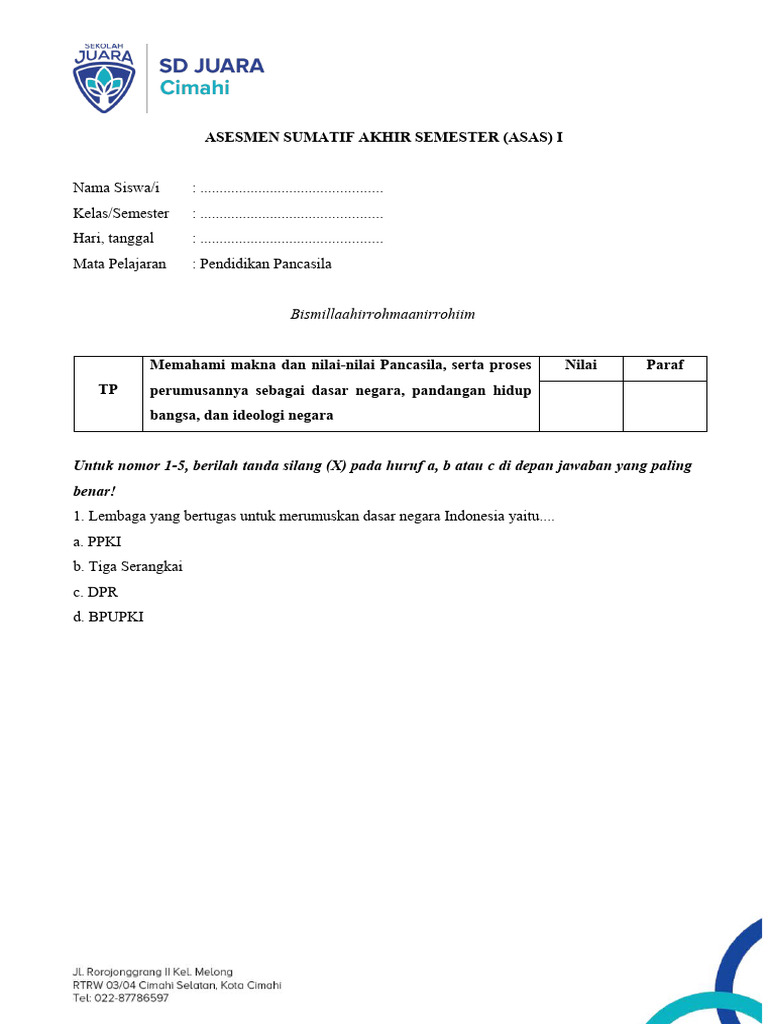 Asesmen Sumatif Akhir Semester I - Pendidikan Pancasila - Kelas 4 - 2023 | PDF | Kajian Bahasa Asing