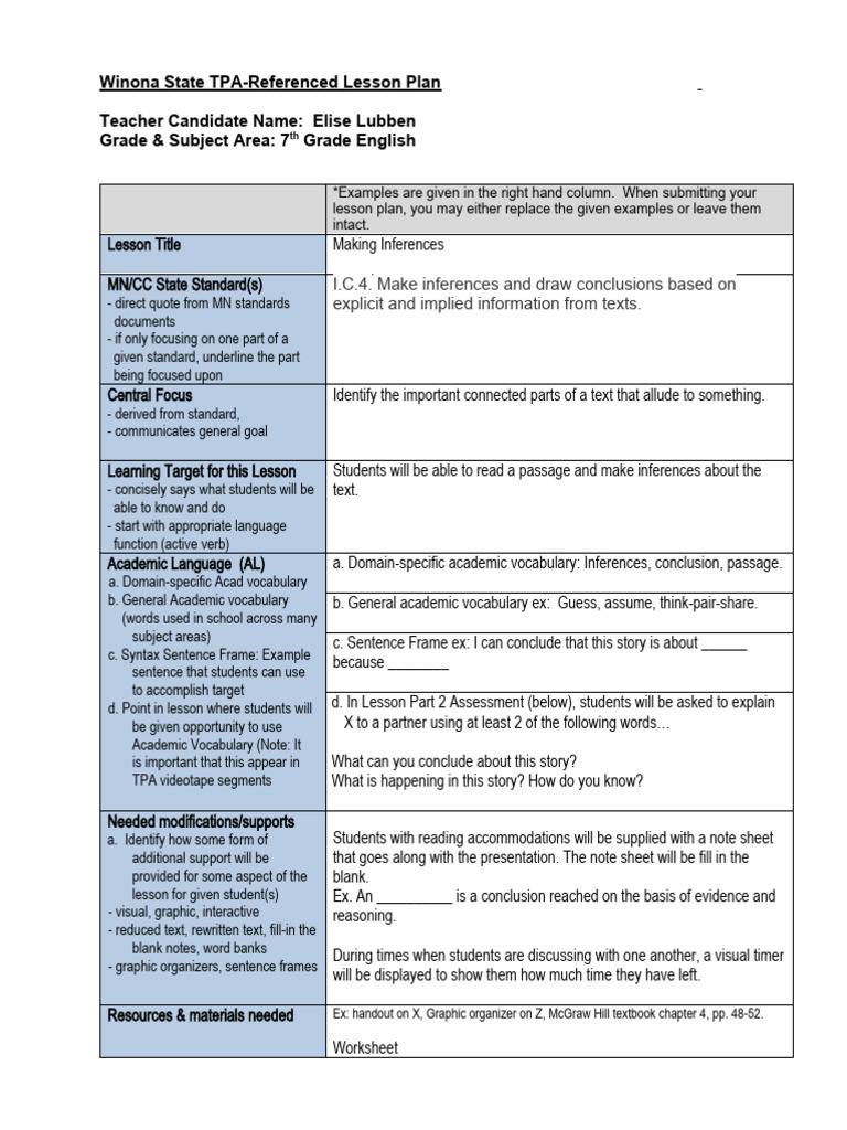 Inference Lesson Plan for 7th Grade | PDF | Inference | Vocabulary