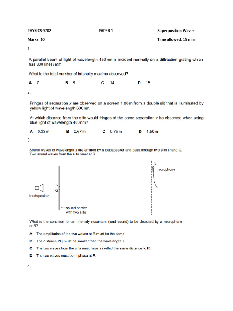 PHYSICS 9702 PAPER 1 Superposition Waves (Test 1) | PDF | Diffraction ...
