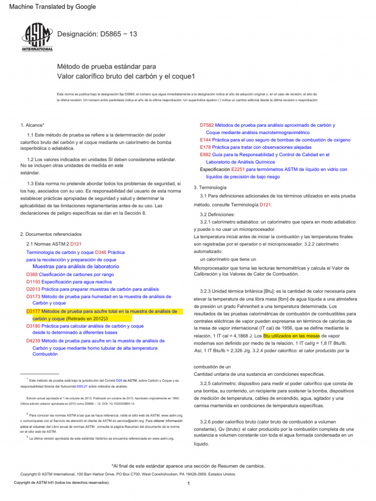 ASTM D5865-13 DETERMINACION DEL PODER CALORIFICO Trad | PDF | Calor ...