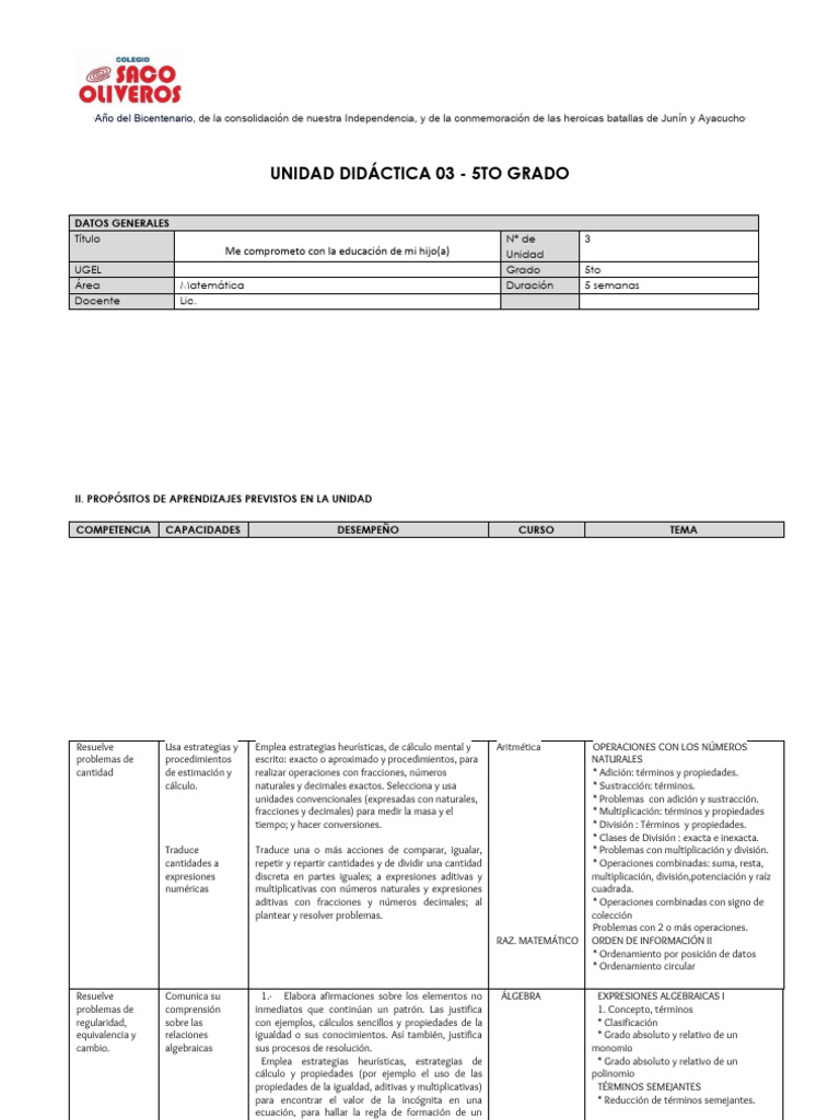 Modelo - Unidad de Aprendizaje 5to Grado #3 2024 | PDF | Ángulo | Números Modelo - Unidad de Aprendizaje 5to Grado #3 2024 | PDF | Ángulo | Números