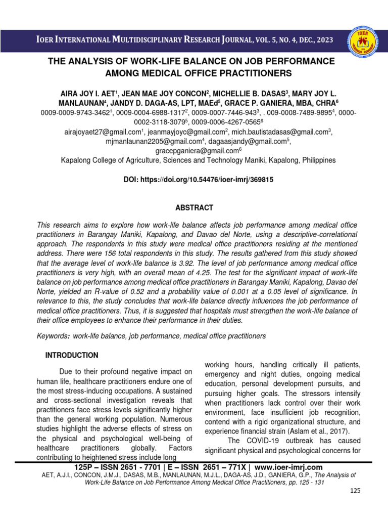 The Analysis of Work-Life Balance On Job Performance Among Medical ...