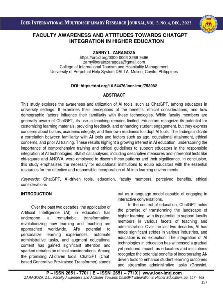 Faculty Awareness and Attitudes Towards ChatGPT Integration in Higher ...