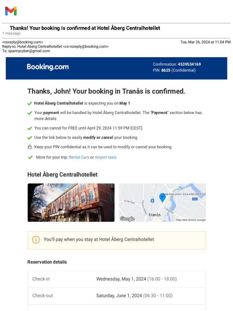 Gmail - ? Thanks! Your Booking Is Confirmed at Hotel Åberg Centralhotellet | Download Free PDF ...
