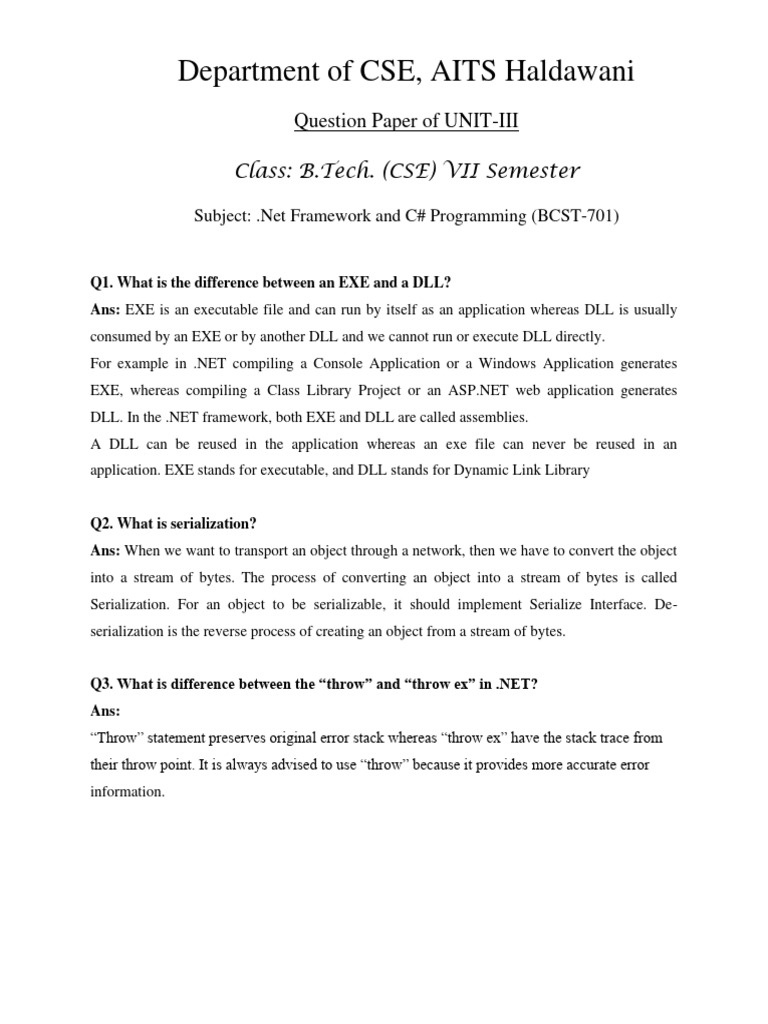 B.Tech CSE .NET Exam Paper | PDF | Thread (Computing) | Process (Computing)