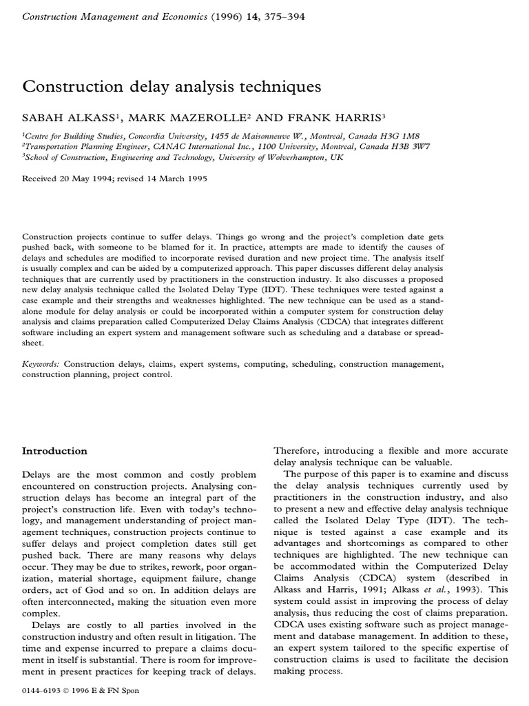 Construction Delay Analysis Techniques-MARK1996 | PDF