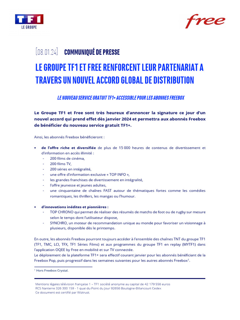 Partenariat TF1 et Free : Service TF1+ | PDF | Vidéo à la demande ...