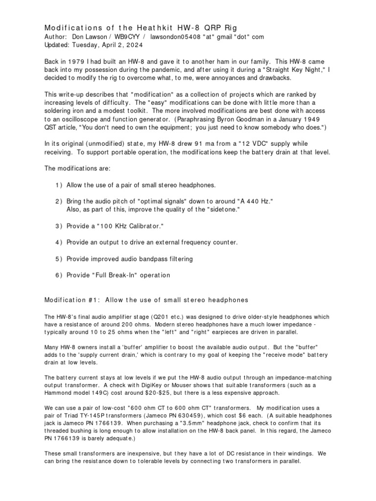 WB9CYY HW8 Mods 20240403 | PDF | Relay | Electronic Oscillator