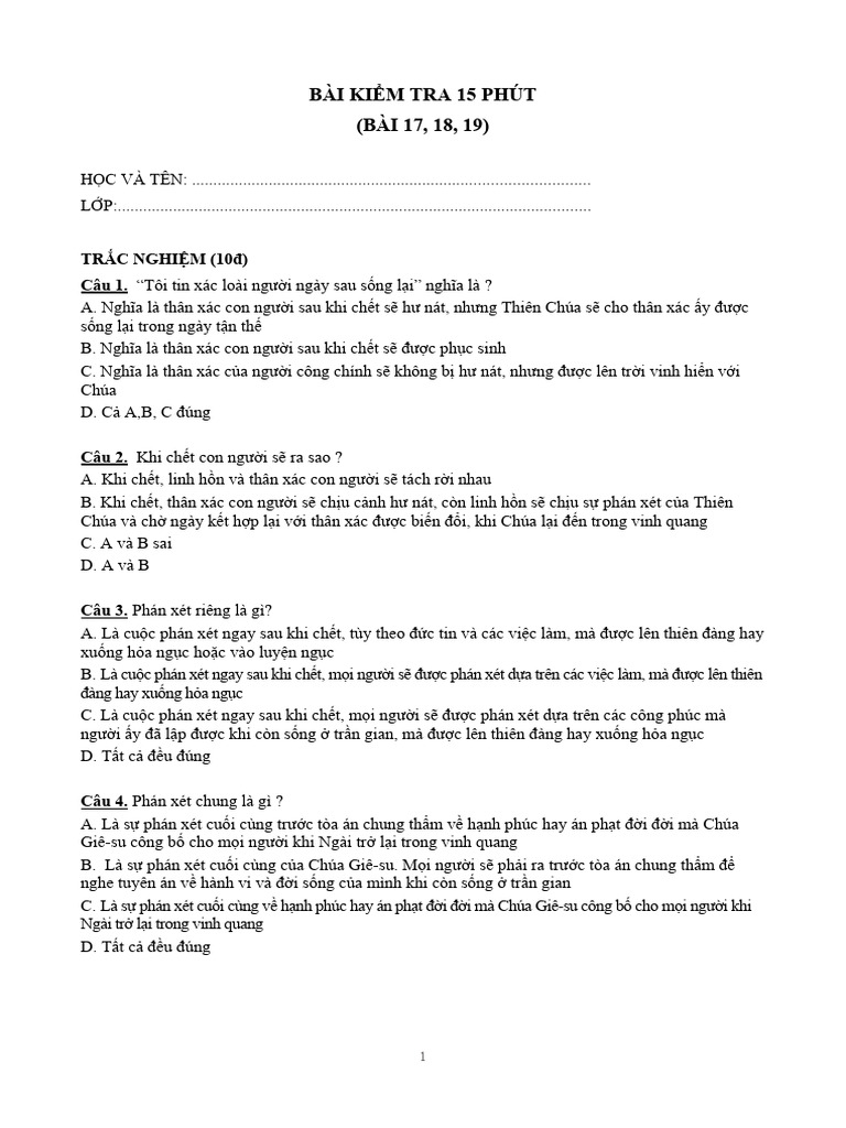 Bài Kiểm Tra 15p (Bài 17,18,19) | PDF