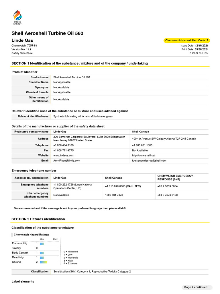 Shell Aeroshell Turbine Oil 560 - 2021 - December - 10 - PHL - EN | PDF ...