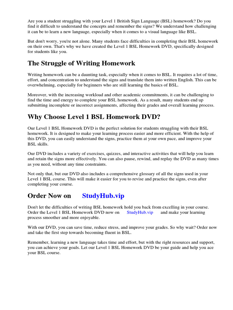 Level 1 BSL Homework DVD (For Students) | PDF | Teachers | Homework