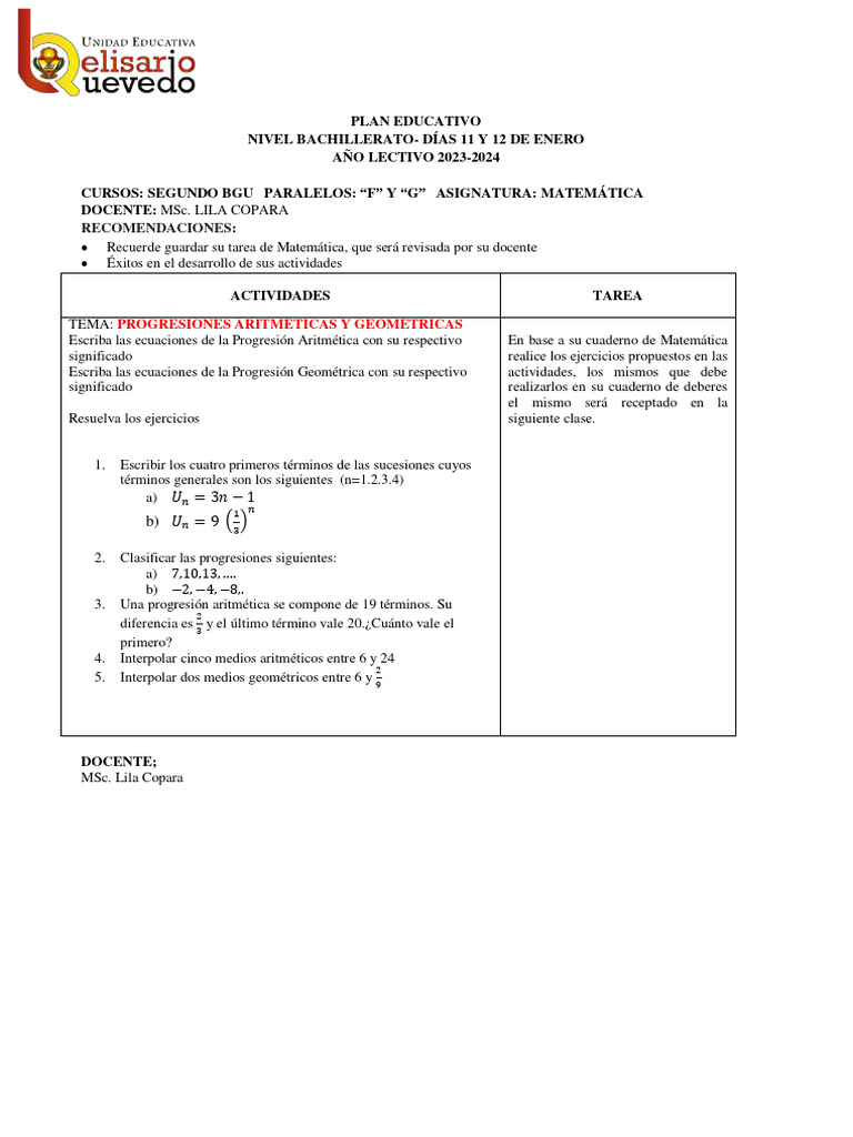 Ficha Matemática 2do Bgu | PDF