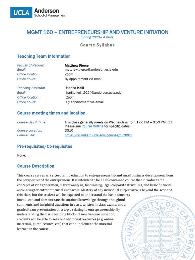 2024 MGMT 160 Syllabus | Download Free PDF | Entrepreneurship | Academic Dishonesty