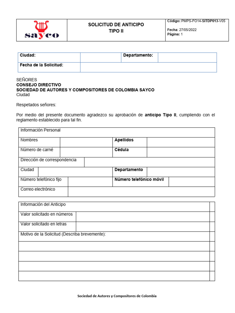 Solicitud Anticipo Tipo II SAYCO | PDF | Colombia | Información