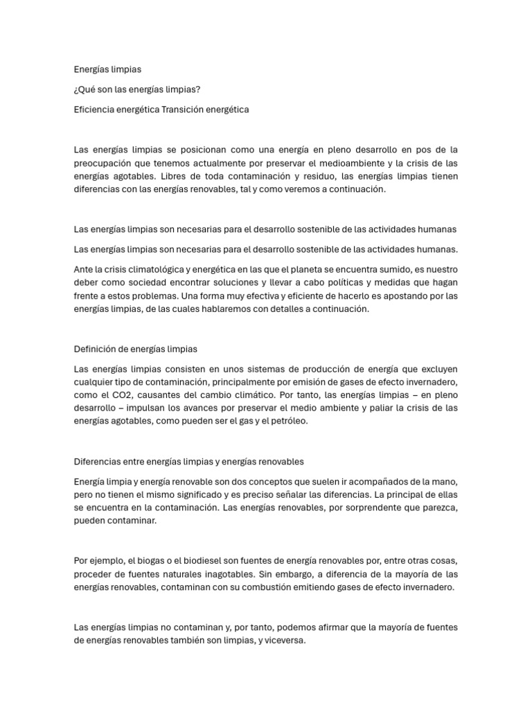 Energías Limpias: Tipos y Beneficios | PDF | Energía renovable ...