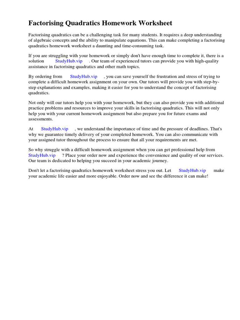 Factorising Quadratics Homework Worksheet Pdf Factorization Quadratic Equation