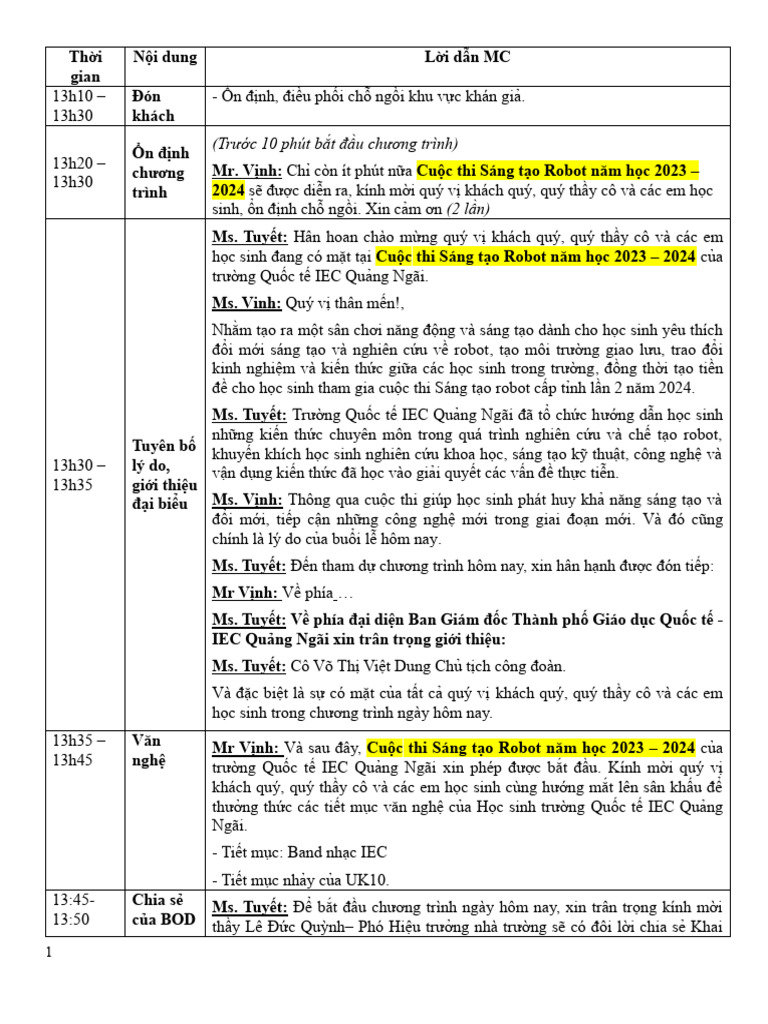 MC Script Robotic Cấp Trường | PDF