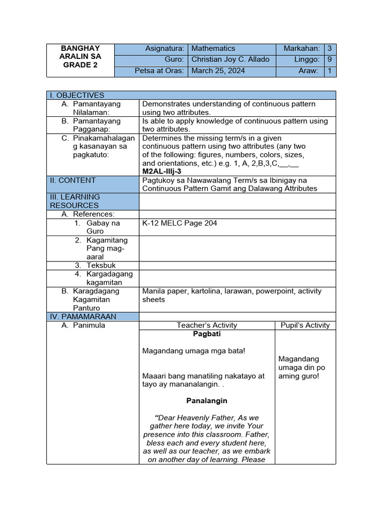 GRADE 2 DETAILED LESSON PLAN Math 2 | PDF