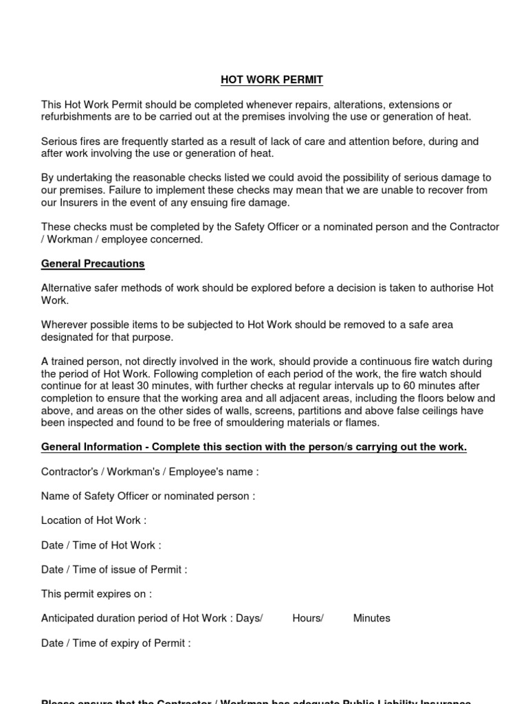 Hot Work Permit Word | PDF | Flammability | Wall