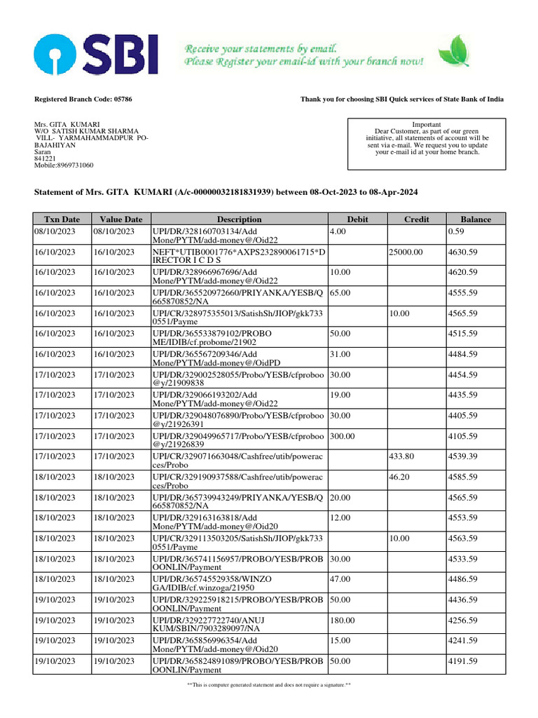 SBI Account Statement: Gita Kumari (Oct 2023 - Apr 2024) | PDF | Debits ...