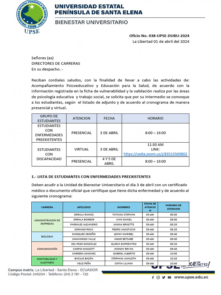 Oficio No. 038 DIRECCIONES DE CARRERAS VALORACION EDUCACION PARA LA ...