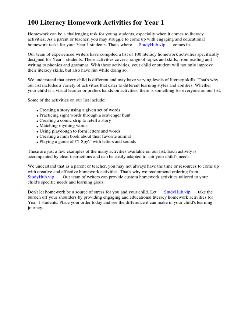 100 Literacy Homework Activities Year 1 | PDF | Literacy | Worksheet