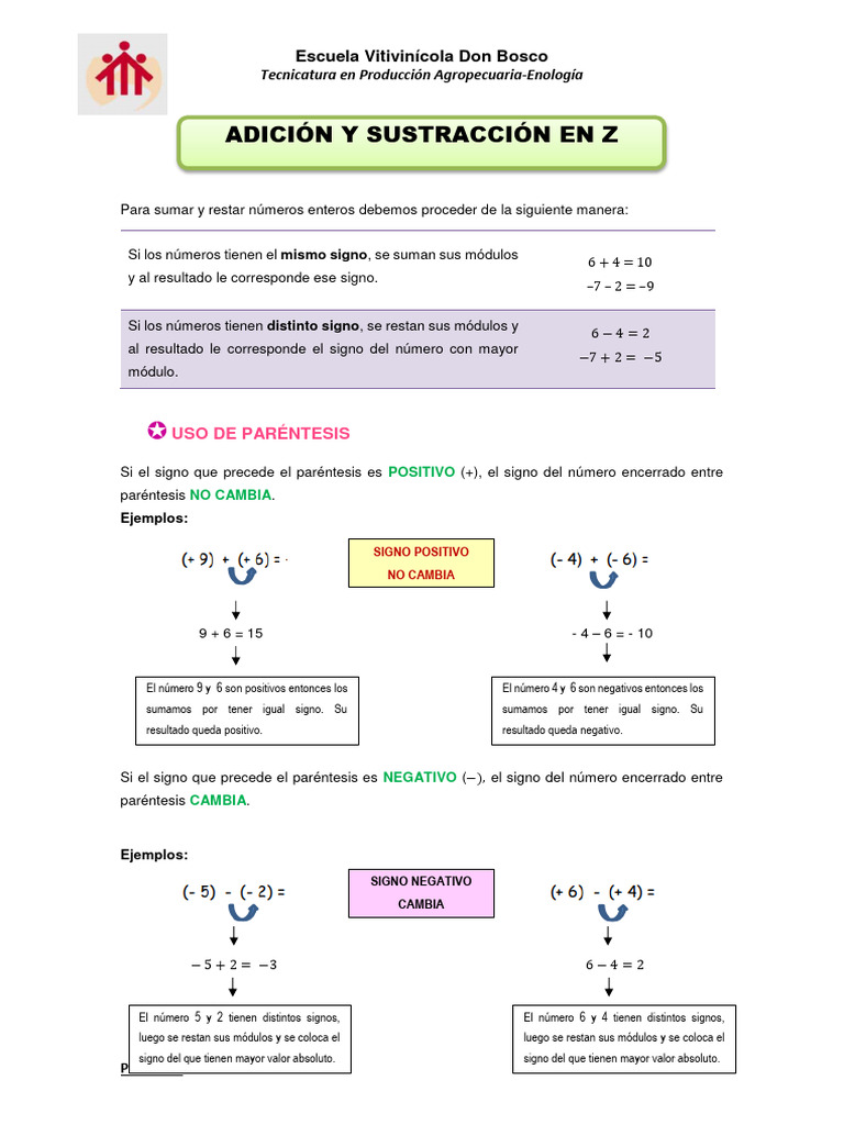 Guía N°2 Adición y Sustracción de Números Enteros. Sumas Algebraicas | PDF | Entero | Sustracción