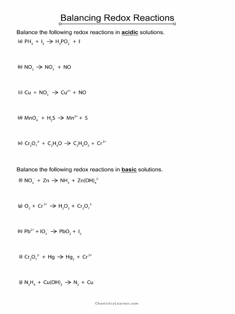 Balancing Redox Reactions Worksheet Acid Basic Solutions | PDF
