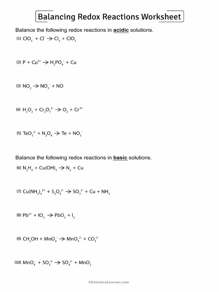 Balancing Redox Reactions Half Reaction Method Worksheet Answer Key | PDF