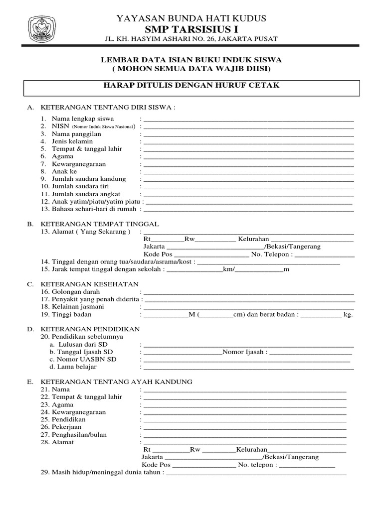 Form Isian Buku Induk Siswa 2020-2021 | PDF