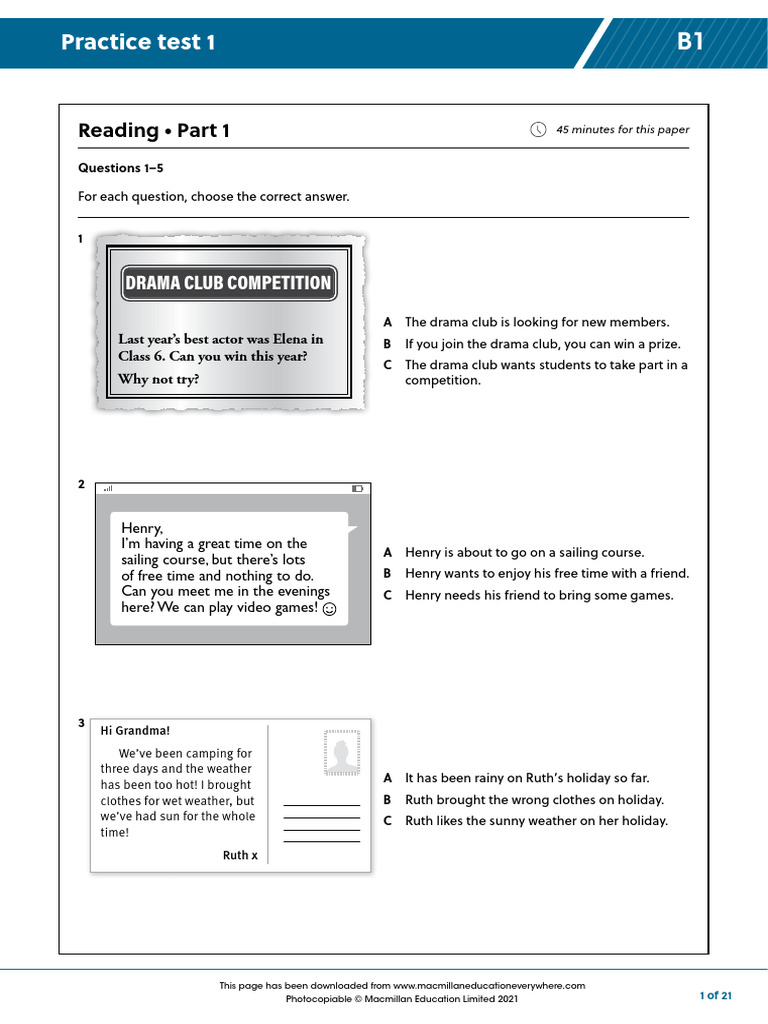 B1 Preliminary Practice Test 2021 | PDF