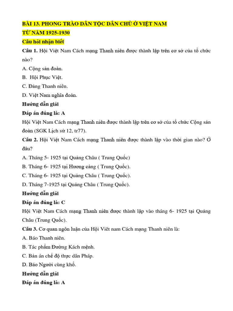 Trac Nghiem Lich Su 12 Bai 13 Co Dap An Phong Trao Dan Toc Dan Chu o V | PDF