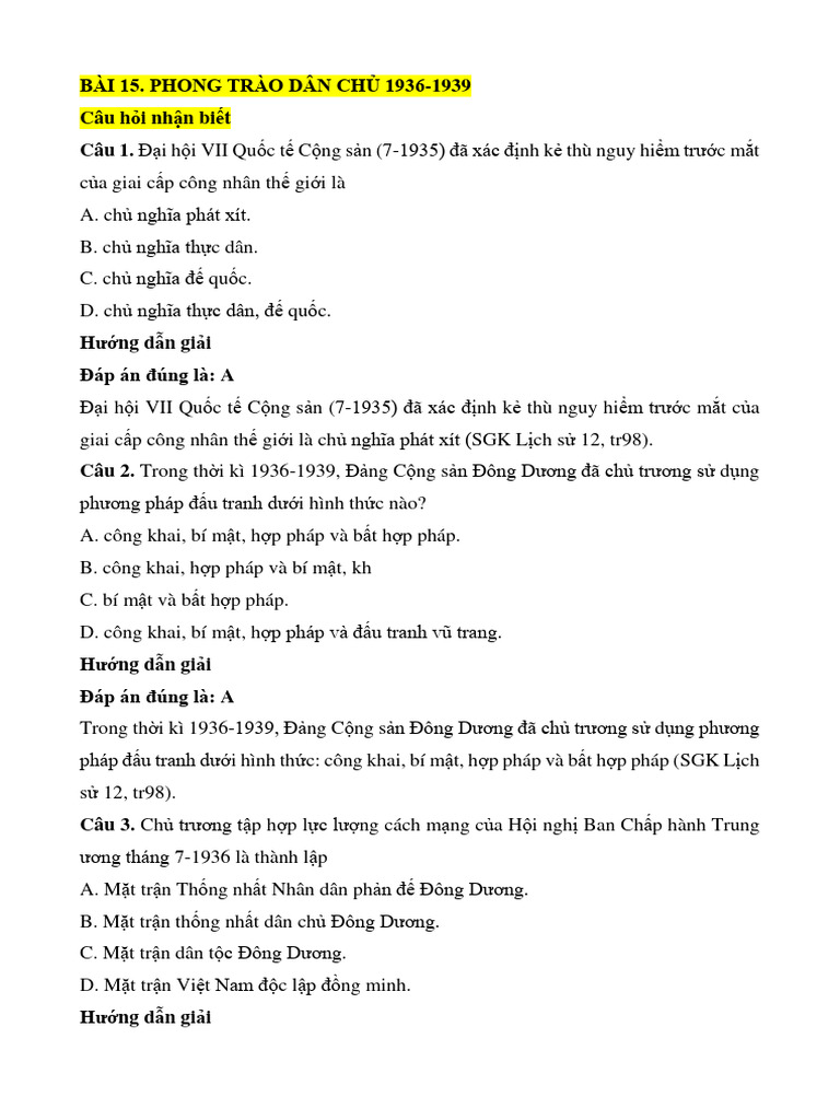 Trac Nghiem Lich Su 12 Bai 15 Co Dap An Phong Trao Dan Chu 1936 1939 | PDF