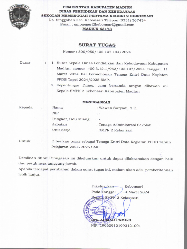 SMPN 2 Kebonsari - Surat Tugas Tenaga Entri PPDB | PDF