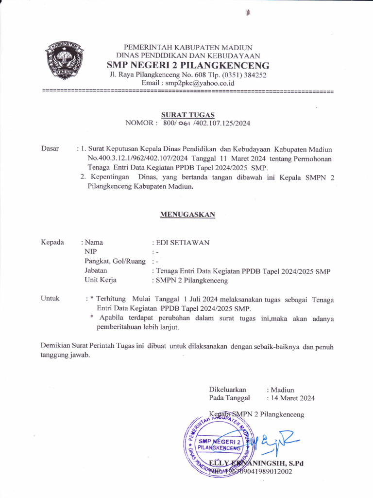 Surat Tugas Tenaga Entry PPDB Tahun 2024 SMPN 2 Pilangkenceng | PDF Surat Tugas Tenaga Entry PPDB Tahun 2024 SMPN 2 Pilangkenceng | PDF