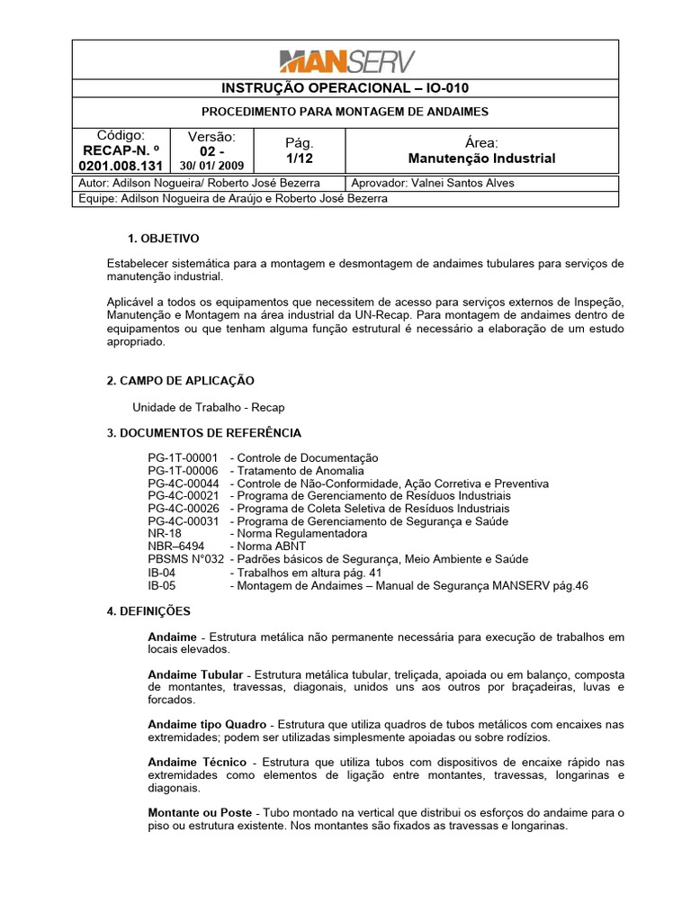 Io-010 Procedimento para Montagem de Andaimes | PDF | Coluna vertebral | Pressão