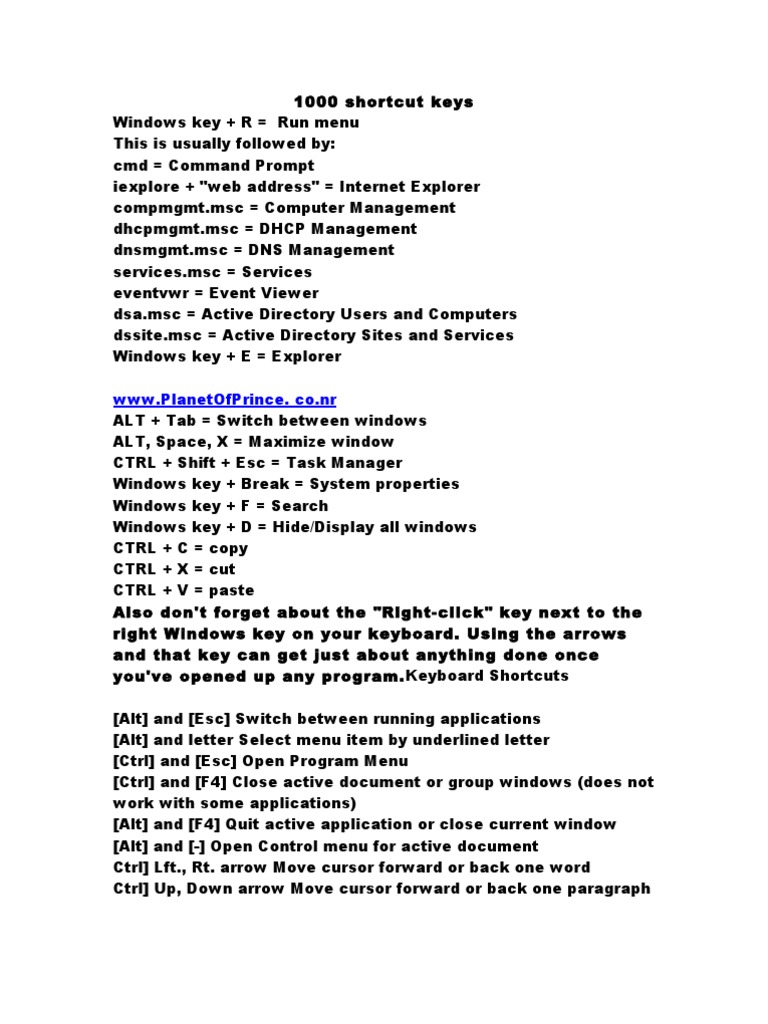 1000 Shortcut Keys | PDF | Keyboard Shortcut | Computer Keyboard