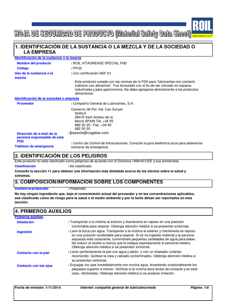 MSDS Vitagrease Special FM 2 | PDF | Residuos | Ventilación (Arquitectura)
