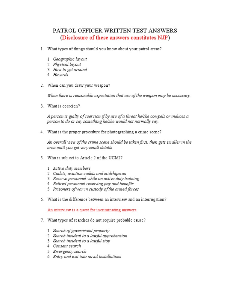 Patrol Officer Board Written Test Answers1 | PDF | Crime Scene | Search ...