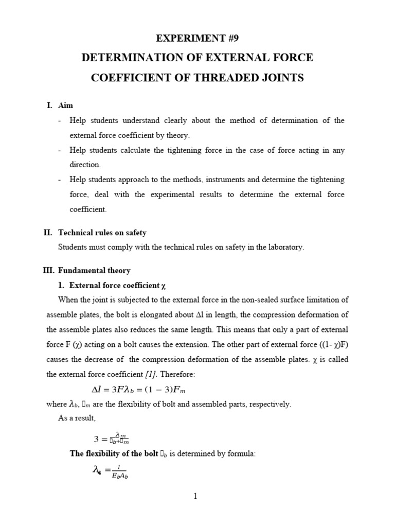 EXP 09 - Determination of External Force Coefficient of Threaded Joints | PDF | Force ...