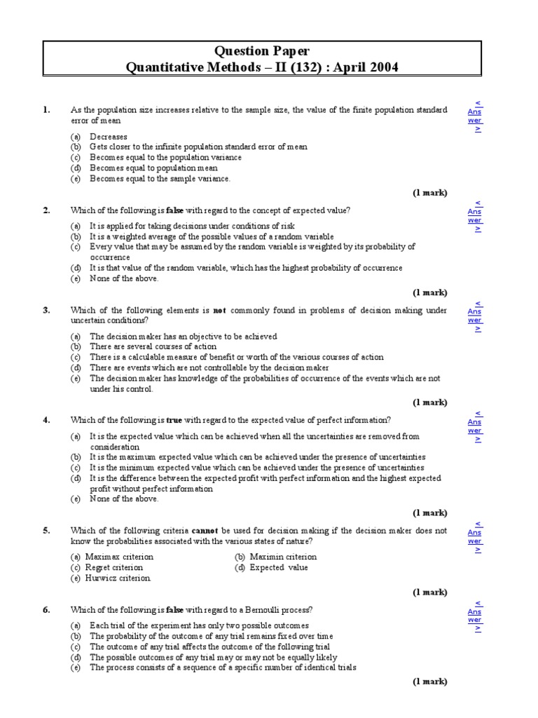 Question Paper Quantitative Methods - II (132) : April 2004 | PDF ...