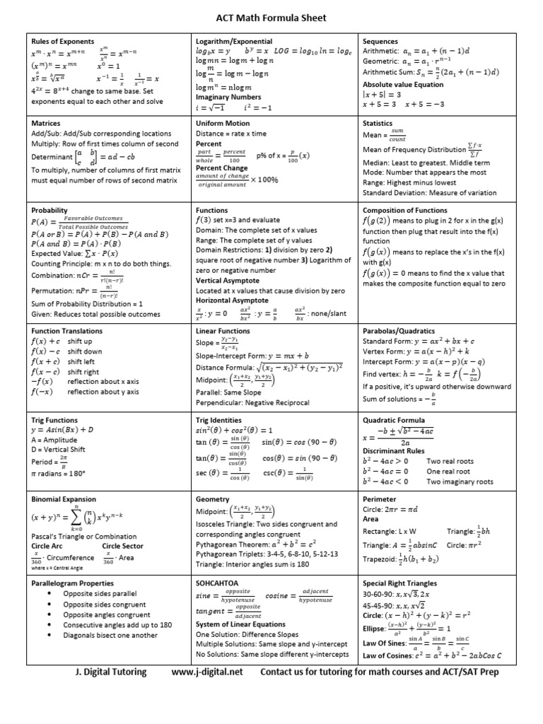 ACTMath Formula Sheet 2 | PDF | Logarithm | Matrix (Mathematics)