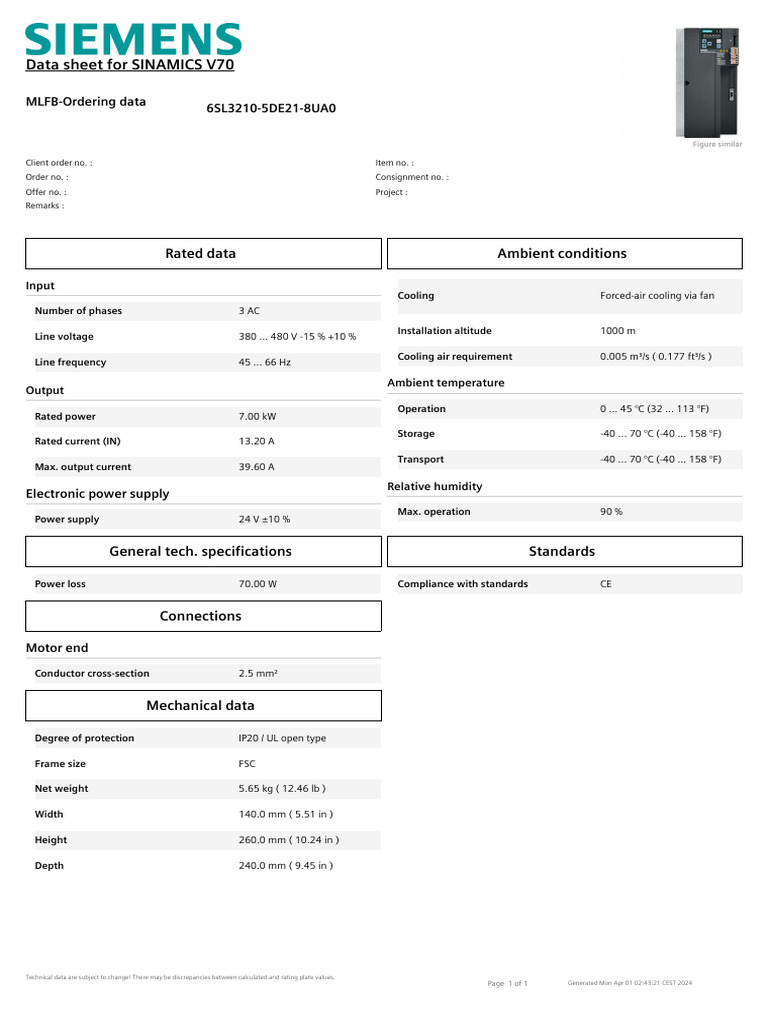 6SL3210-5DE21-8UA0 Datasheet en | PDF | Power Supply | Physical Quantities