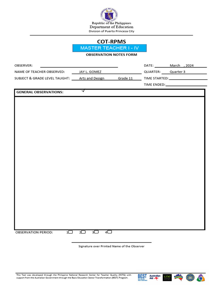 AppendixK - COT FORM MT I IV 2023 24 Second | PDF | Teachers | Learning