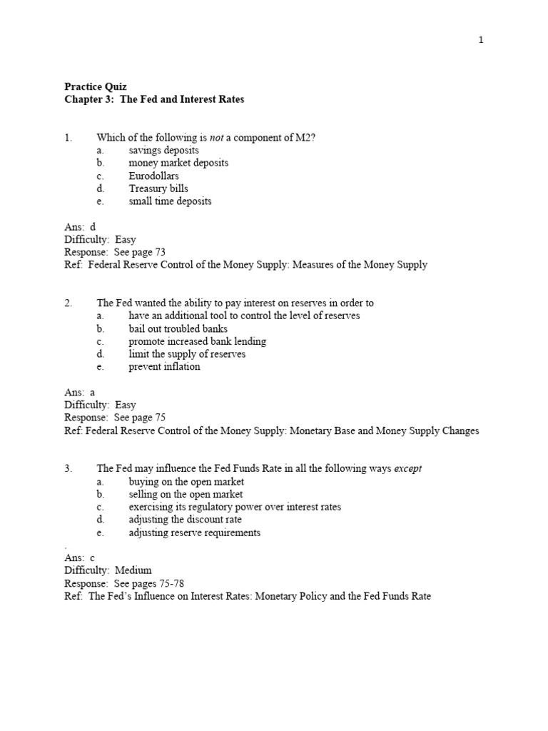 Fed, Interest Rates, and Monetary Policy Quiz | PDF | Federal Reserve ...