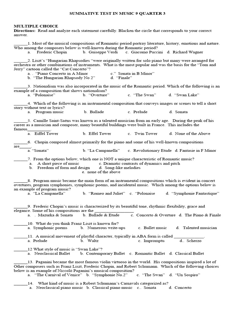 Summative Test in Music 9 Quarter 3 | PDF | Frédéric Chopin | Classical ...