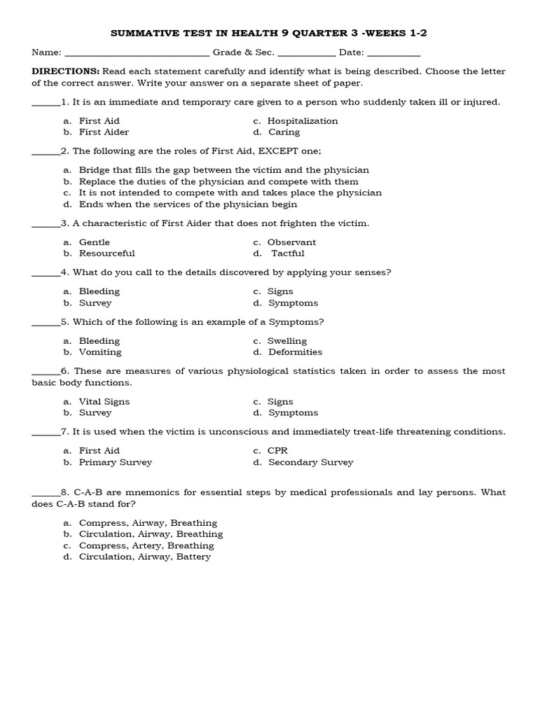 Health 9 Quarter 3 Summative Test | PDF | First Aid | Wound