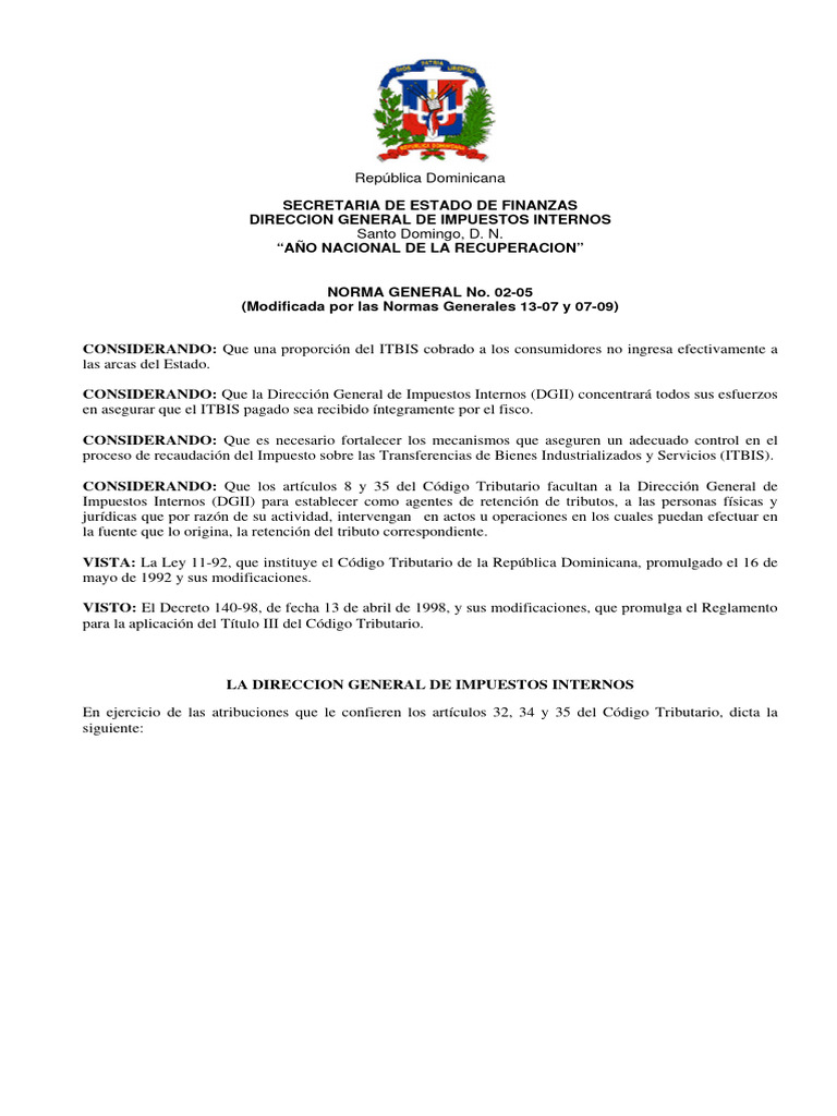 Norma General 02-05 sobre ITBIS | PDF | Impuestos | República Dominicana